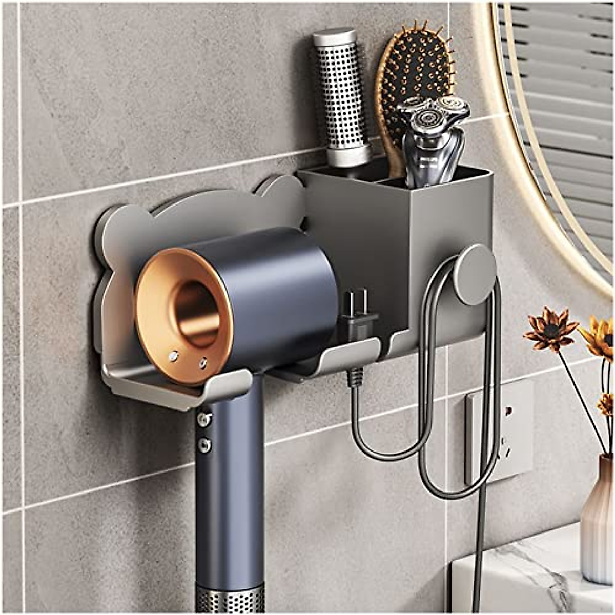 Wtxwood Wall-Mounted Hair Dryer Holder for Bathroom,Compact Hair Appliance Holder for Hairdryer, Flat Iron, and Curling Wand That Maximizes Space
