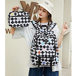 Gnoved Girls Backpack with Lunch Box 2pcs Set Checkered Laptop Kawaii Backpack Boys Preppy Bookbag Over 6 Years Old Black