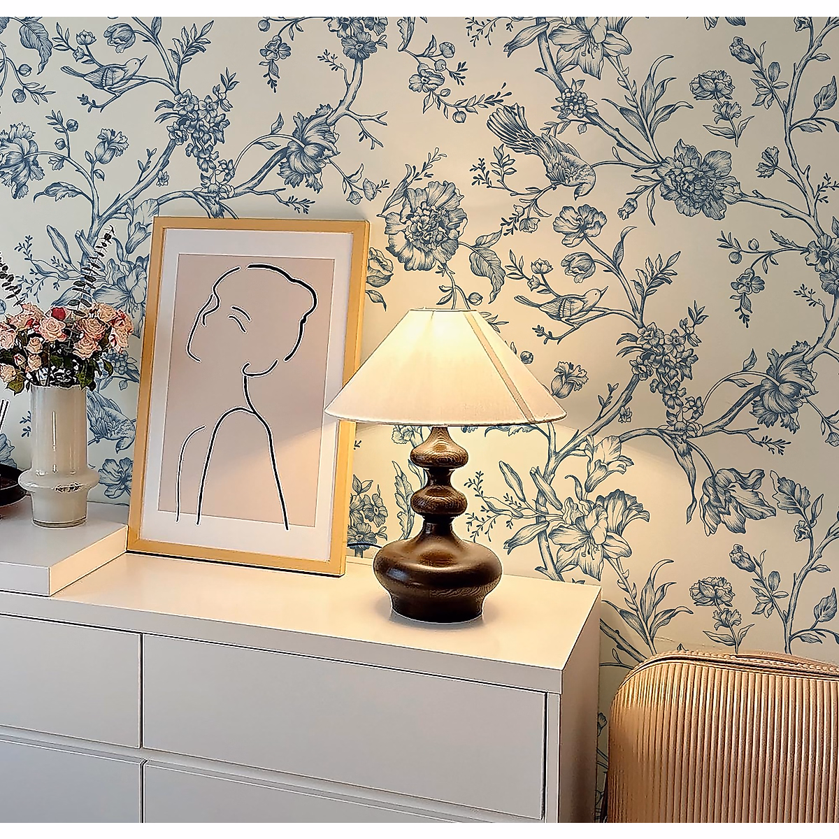 Safiyya Peel and Stick Wallpaper Floral Birds Contact Paper Blue White Wallpaper Peel and Stick Removable Wallpaper Boho Wallpaper Flower Contact Paper for Walls Vinyl Rolls 118"x17.3"