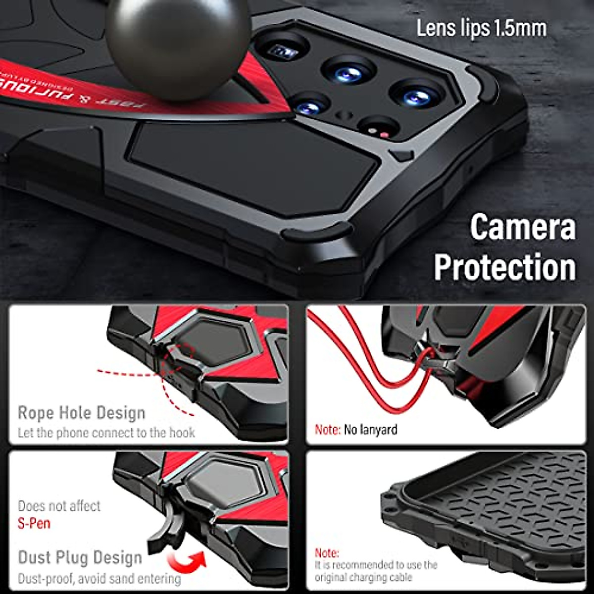 KumWum Armor Phone Case for Samsung Galaxy S23 Ultra Military Grade Drop Protection Cover S23Ultra 5G Heavy Duty Hybrid Metal Bumper Built-in Silicone Shockproof Dustproof - Black + Red