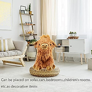 BULINGNA Highland Cow Stuffed Animals, Realistic Fluffy Scottish Cow Plush Toy Doll Gift for Adults Kids (Brown B)