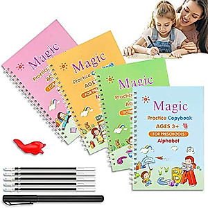 RYZ Magic Practice Copybook for Kids, Magic Calligraphy That Can Be Reused,Magical Handwriting Workbooks Practice Copybook for Preschoolers Kindergarten(4Book + Pen Set)