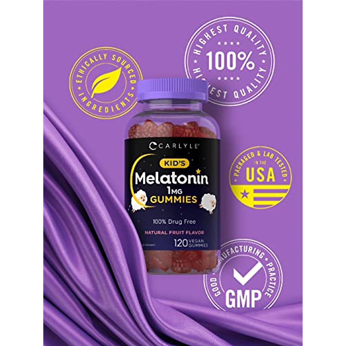 Carlyle Kids Melatonin Gummies | 1 mg 120 Count | Fruit Flavor Gummy | Vegan, Non-GMO, Gluten Free