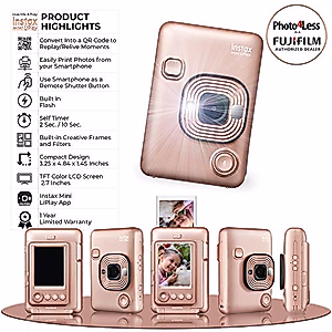 Fujifilm Instax Mini LiPlay Hybrid Instant Camera (Blush Gold) + Instant Film (20 Shots) + Rainbow Film (10 Shots) + 32GB microSDHC + Case + Scrapbooking Album + 20 Sticker Frames Travel Package
