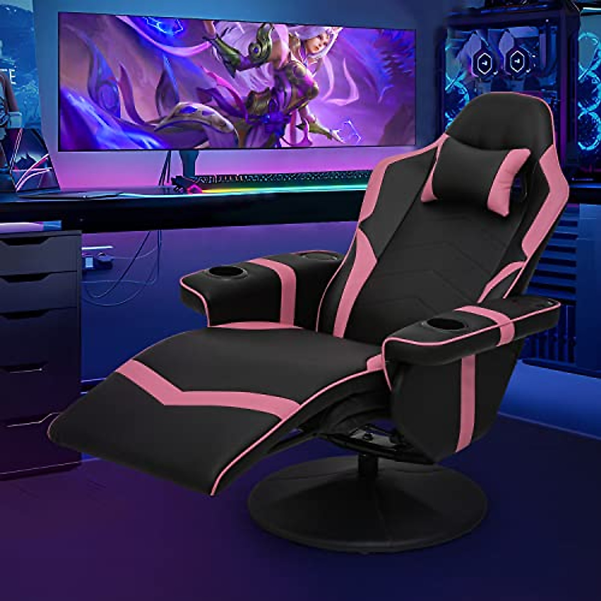 MoNiBloom Massage Gaming Recliner Chair with 2 Speakers Ergonomic Game Chair Neck Support and Widened Armrests with Built-in Cup Holders, Tilt & Swivel Comfortable Gaming Chair with Storage Bag, Pink