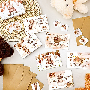 24 Pack Bear Baby Shower Thank You Cards with Envelopes and Stickers Set Blue Bear Kid Thank You Notes Blank Inside Watercolor Cards for Boy Girl Birthday Party