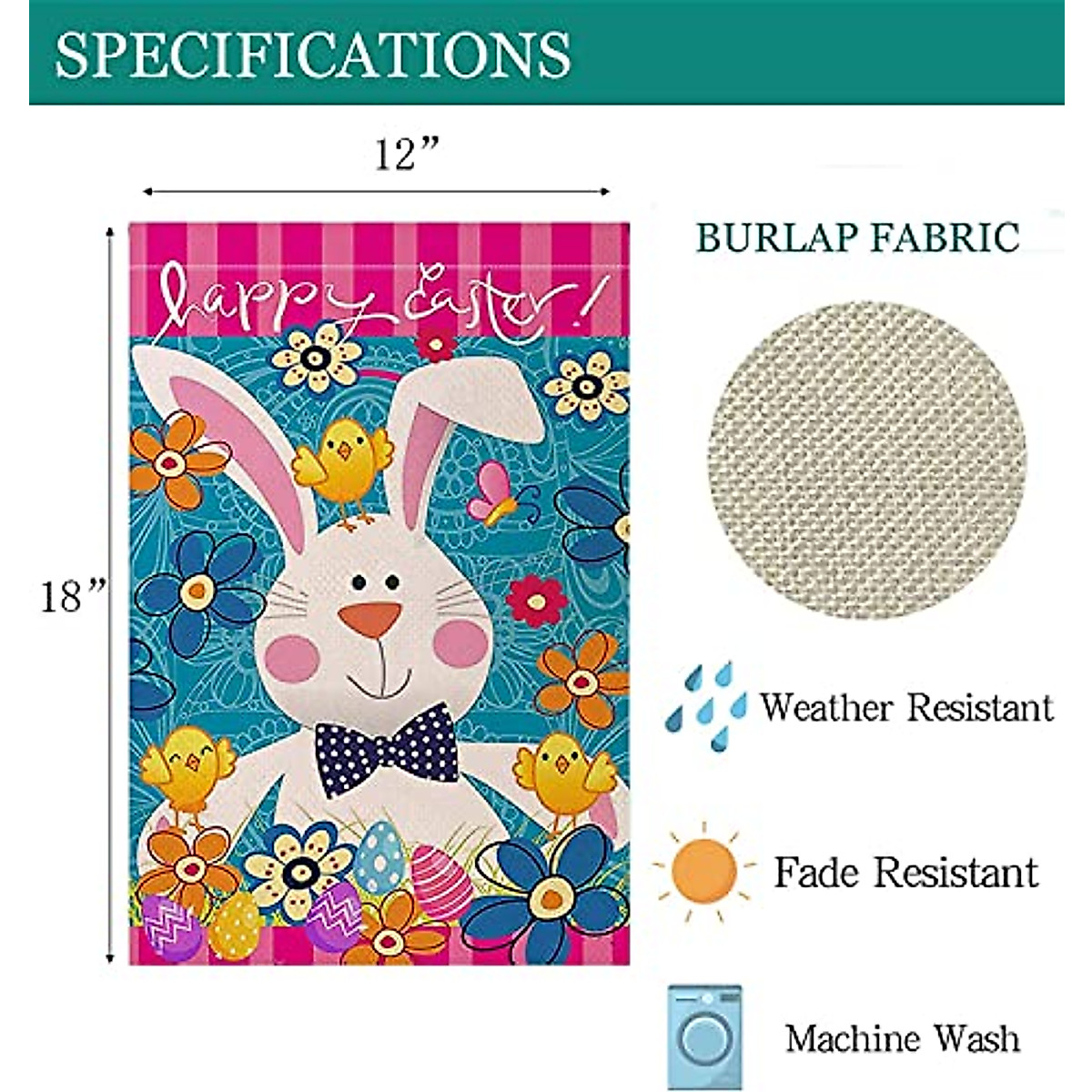 Happy Easter Garden Flag, Double Sided 12” x 18” Linen Tulip and Bunny Yard Flag for Spring Outside Yard Outdoor Farmhouse Easter Decorations (Blue)