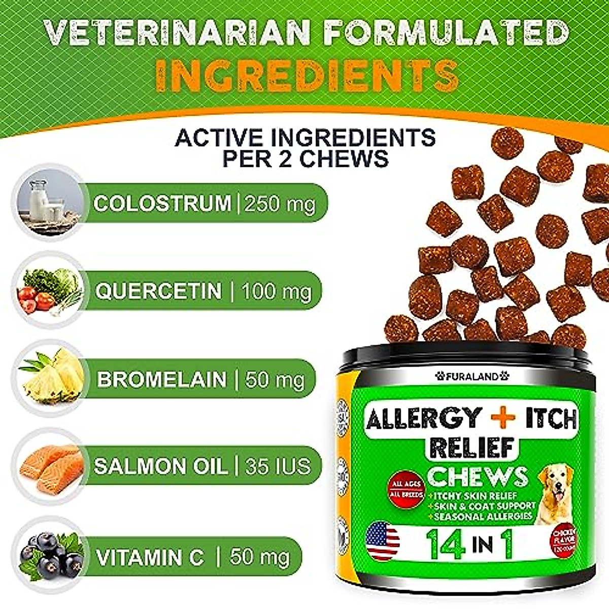 Dog Allergy Relief Chews - Dog Itch Relief - Omega 3 Fish Oil + Probiotics - Itchy Skin Relief - Seasonal Allergies - Anti Itch Support & Hot Spots - Immune Supplement for Dogs