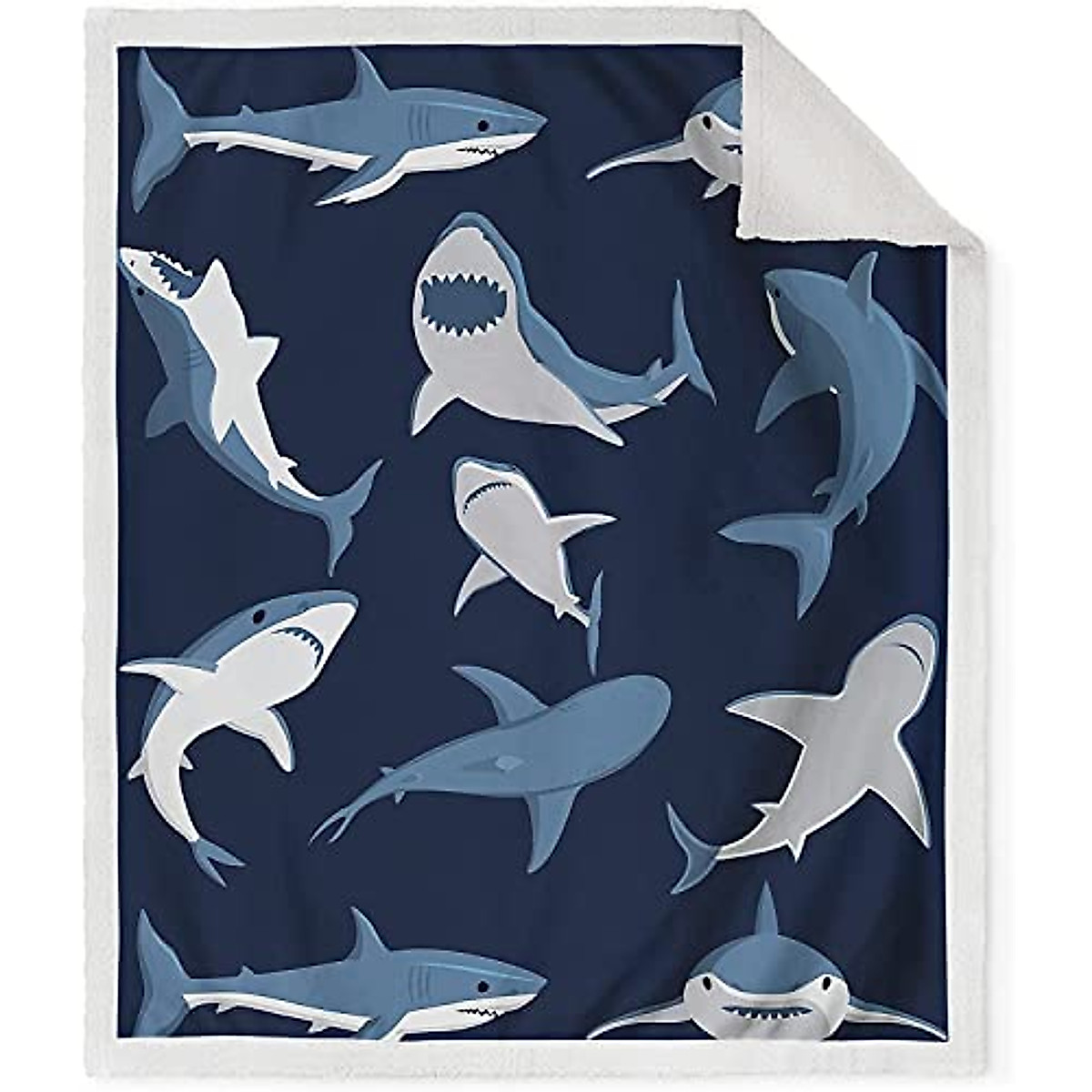 Jekeno Cartoon Shark Sherpa Blanket Blue Soft Warm Print Throw Blanket for Kids Adult Office Gift 50"x60"