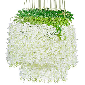 Kmorenew White Wisteria Hanging Flowers - 12 Pack 3.6 Feet/Piece Artificial Fake Wisteria Vine Rattan Hanging Garland Silk Flowers String for Home Party Wedding Garden Outdoor Décor