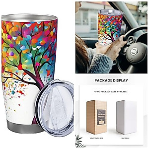 Colorful tree Tumbler with Lid and Straw 20oz Stainless Steel Car Cup for Hot and Cold Drinks, Double Wall Insulated Travel Coffee Mug Reusable Drink Thermos Cup Birthday Gifts
