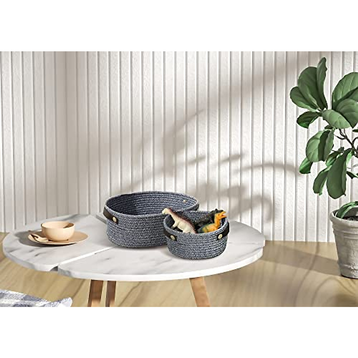 2 Pack Storage Rope Basket with Handle for Books, Magazines, Toys, Nursery, Bedroom, Living Room, Spa Soft Woven Bins (DARK BLUE)