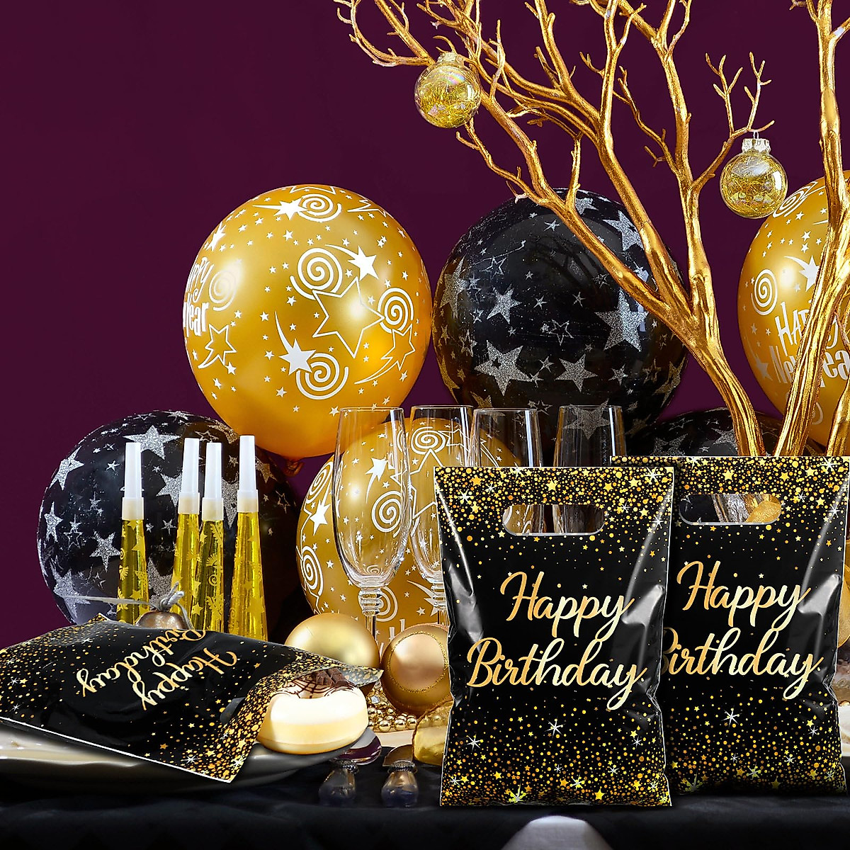 Pasimy 50 Pcs Black Gold Birthday Gift Bags Black Gold Party Favor Bags Golden Plastic Goodie Treat Bags with Handle for Birthday Party Wedding Bridal Baby Shower Christmas New Year Gift Supplies