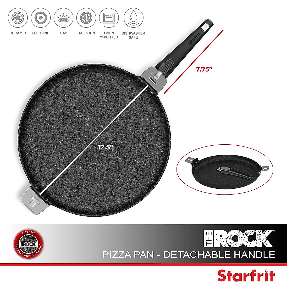 Starfrit ROCK T-Lock 12.5-Inch Pizza Pan/Flat Griddle with Detachable Handle, Normal, Black