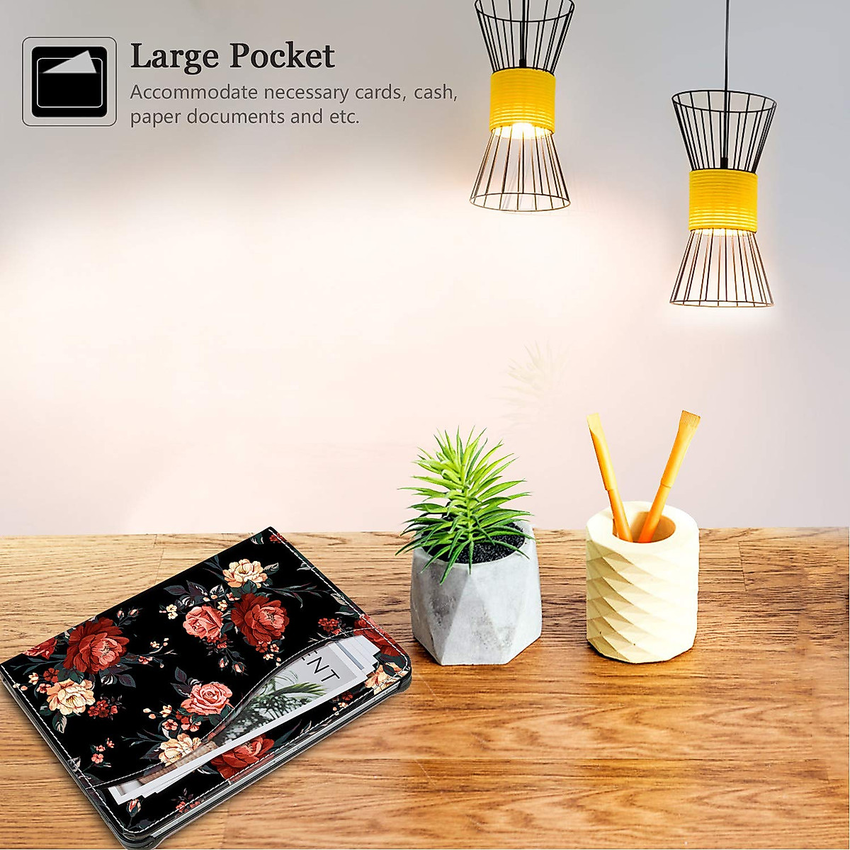 Hepix iPad Pro 12.9 Case 2022 2021 2020 2018 Rose Flower iPad 6th 5th 4th 3rd Gen with Pencil Holder, Black Floral Multi-Angle Stand Pocket Protective Leather Cover Auto Sleep Wake