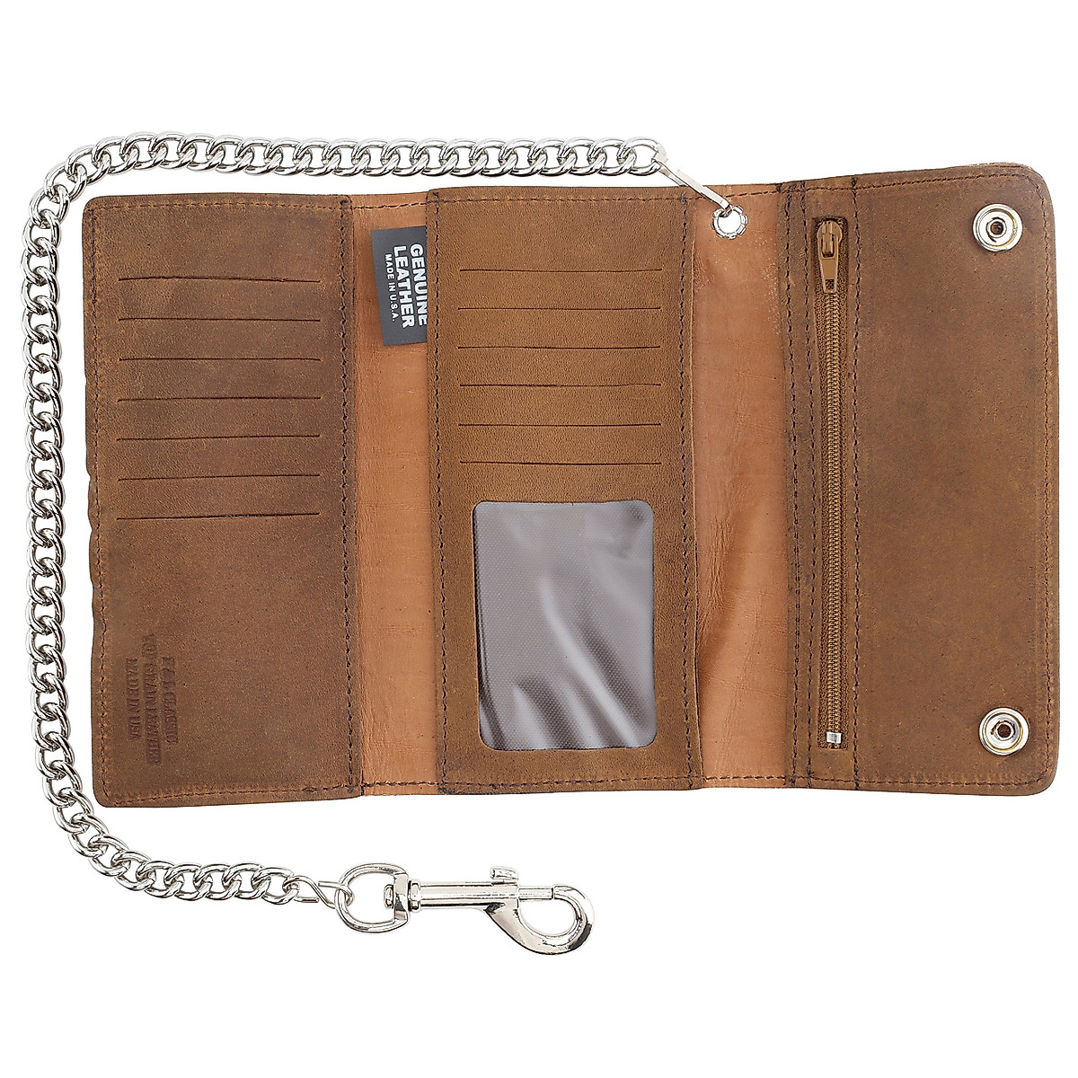 RFID Blocking Men's Tri-fold Vintage Long Style Cow Top Grain Leather with Steel Chain Wallet,Made In USA,Snap closure,G-pu339,crazy horse brown