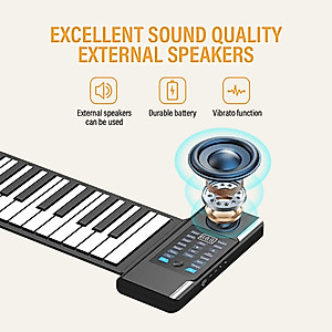 KONIX 88 Keys Roll Up Piano, Upgraded Portable Rechargeable Hand Roll Piano Keyboard, 128 Rhythms, 128 Tones, Roll Out Keyboard Piano with LED Display MIDI Function, Best Gift for Kids and Beginners