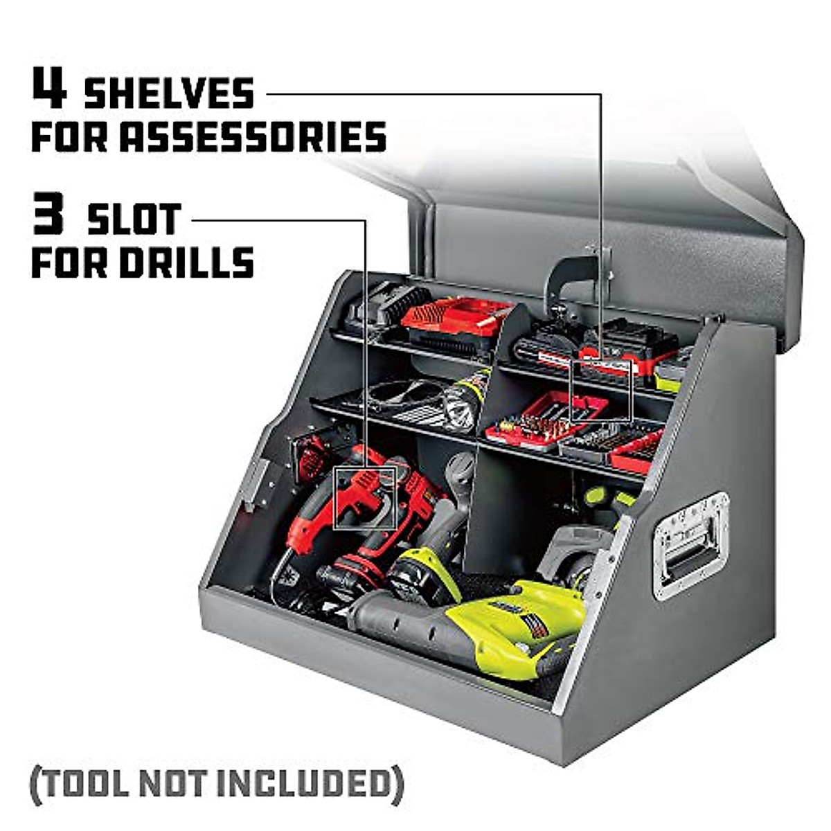 Powerbuilt 26 In. Portable Slant Front Power Tool Locker Toolbox with Power Drill Slots, Storage Compartments, 16 Ga. Steel, Chrome Hardware, Weather-Resistant Locking Polymer Lid, Gas Struts, 941805E