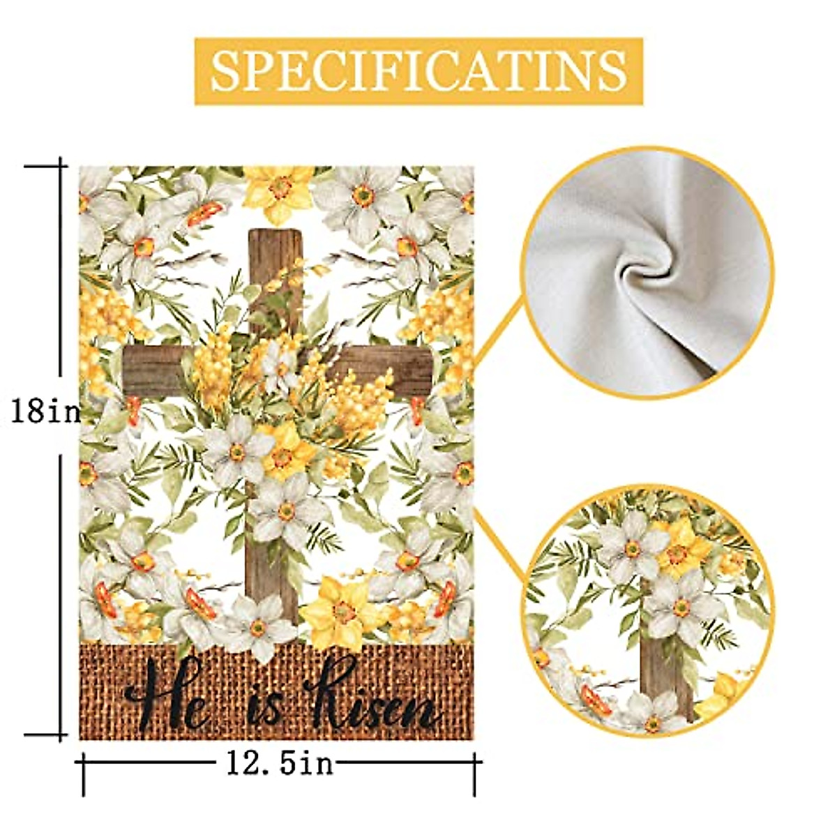 Linen He Is Risen Spring Easter Garden Flag Double Sided Welcome Farmhouse Yard Outdoor Decoration Cross Daffodil Flower Garden Flag Yard 12.5" X 18"