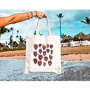 GXVUIS Strawberry Canvas Tote Bag for Women Aesthetic Reusable Grocery Shoulder Bags for Shopping Travel Gift for Girls White