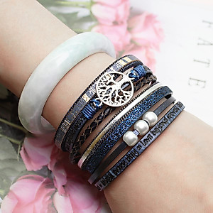 LightOnIt Leather Wrap Boho Bracelets for Women Blue Stone Crystal Braclet Birthday Gift Bohemian Trendy Layered Bracelet with Magnetic Clasp