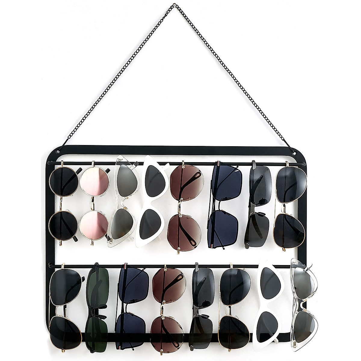 Mkono Sunglasses Organizer Hanging Glasses Storage Holder for Wall and Door Metal 2 Tier Eyeglasses Rack Holds Up to 16 Sunglasses Modern Wall Mount Sunglass Eyewear Display Hanger, Black