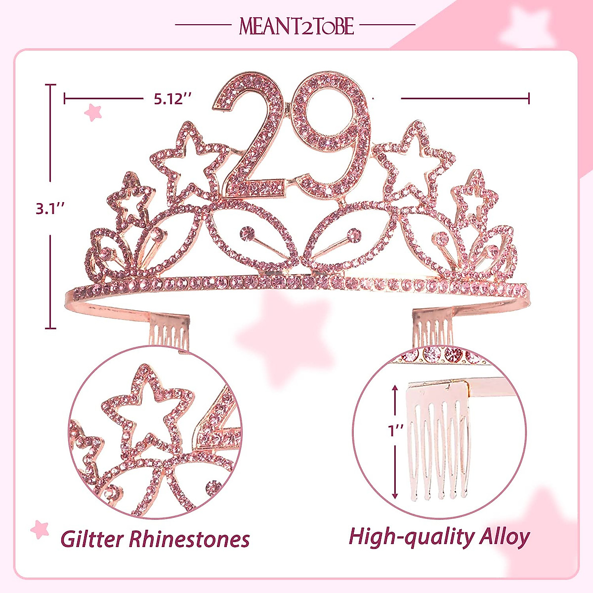 MEANT2TOBE 29th Birthday Sash and Tiara for Women - Fabulous Set: Glitter Sash + Stars Rhinestone Pink Premium Metal Tiara for Women, 29th Birthday Gifts for 29th Birthday Party
