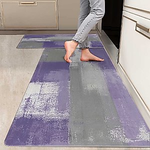 RYANZA 2 Pieces Kitchen Rugs, Abstract Anti Fatigue Non Slip Foam Cushioned Purple and Grey Art Painting Comfort Indoor Floor Mat Runner Rug Set for Laundry Office Sink Bathroom (17"x48"+17"x24")