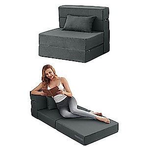 FILUXE Convertible Folding Sofa Bed - Sleeper Chair with Pillow, Modern Linen Fabric Floor & Futon Couch, Foldable Mattress for Living Room/Dorm/Guest Use/Home Office/Apartment, Single Size, Dark Grey