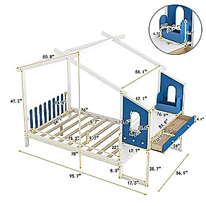 Heliosphere Full Size Platform Bed Frame with Built-in Desk and 2 Drawers, Storage Bed Frame with Separate Storage Pen Case, House Shaped Platform Bed, Solid Wood Bed Frame for Kids Teens Bedroom