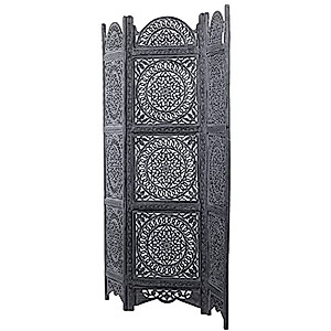 Deco 79 Wood Floral Handmade Hinged Foldable Partition 3 Panel Room Divider Screen with Intricately Carved Designs, 60" x 1" x 72", Black