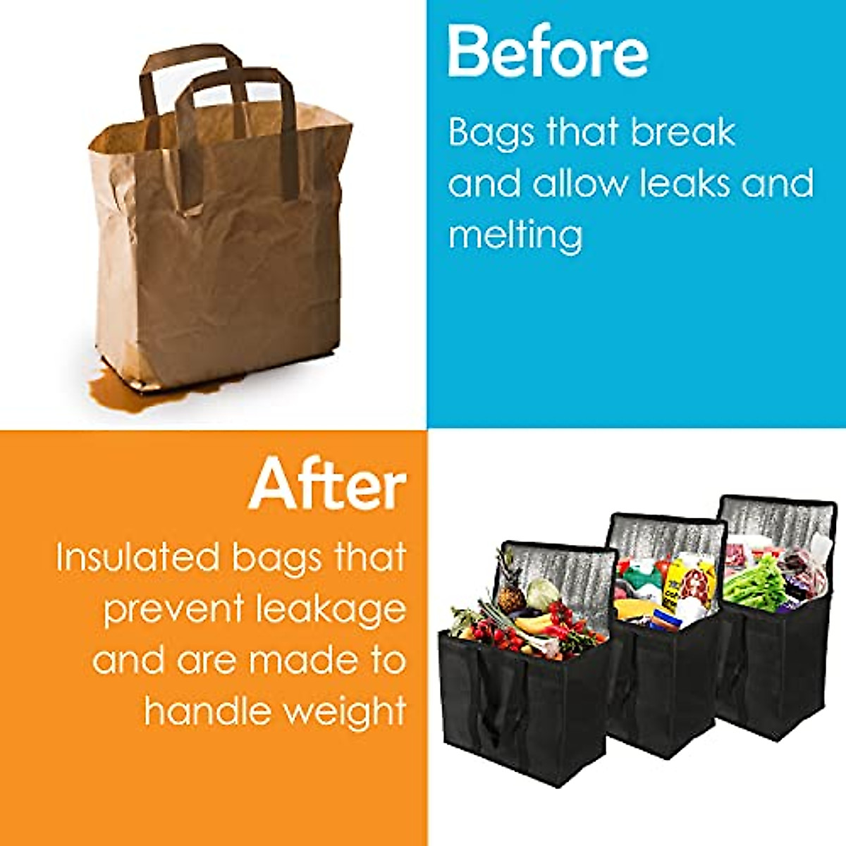 Houseables Insulated Bags, Reusable Groceries Tote, Thermal Shopping Bag, 3 Pack, Black, 16" x 13" x 9", Extra Large (XL), Refrigerated Grocery Delivery, Hot, Cold, Frozen Foods Cooler, With Zipper