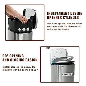 13.2 Gallon(50L) Trash Can, Fingerprint Proof Stainless Steel Kitchen Garbage Can with Removable Inner Bucket and Hinged Lids, Pedal Rubbish Bin for Home Office