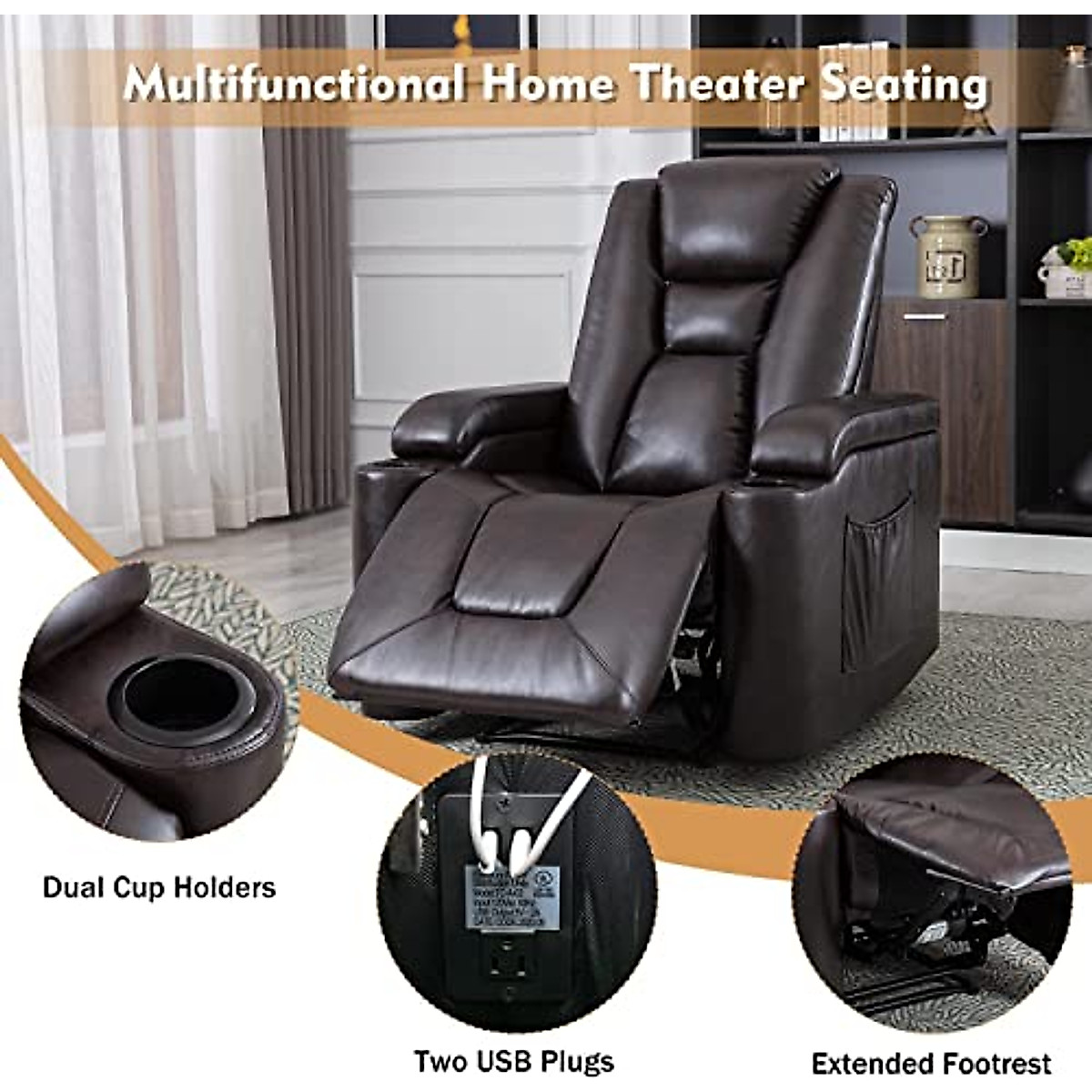 Phoenix Home Power Chair for Living Room Theater Recliner, Brown