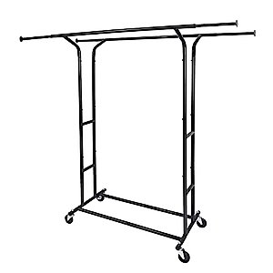 Fishat Heavy Duty Double Rod Clothing Garment Rack for Hanging Clothes, Commercial Metal Rolling Clothes Organizer on Lockable Wheels for Men Coats, Dresses, Dorm Bedroom Home Balcony (Black)