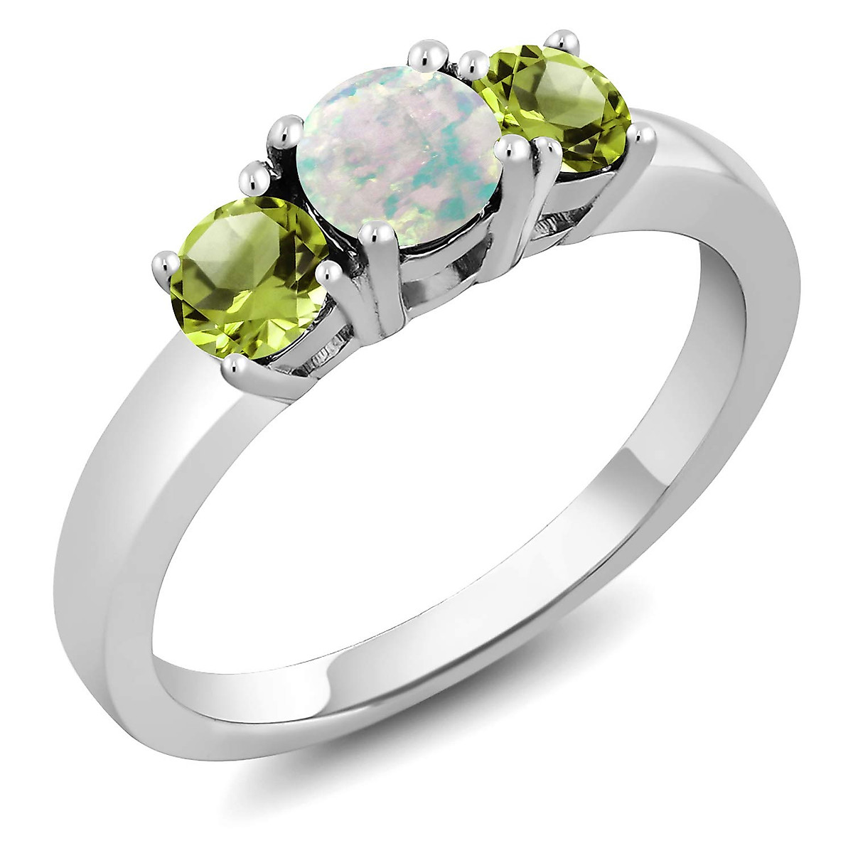 Gem Stone King 925 Sterling Silver Round Cabochon White Simulated Opal and Green Peridot Ring For Women (1.10 Cttw, Available In Size 5, 6, 7, 8, 9)