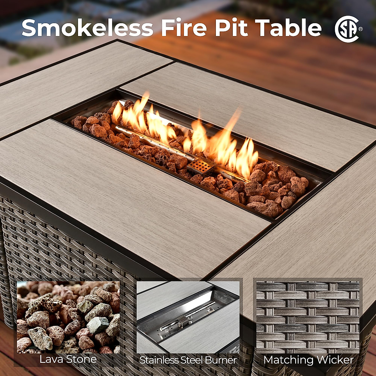 HOOOWOOO Outdoor Patio Furniture Sets 7 Pieces Patio Conversation Sets Weather Resistant Wicker Sofa Seating Set with 42" Fire Pit Swivel Rocking Chairs for 5 Persons Outside,Orange Red