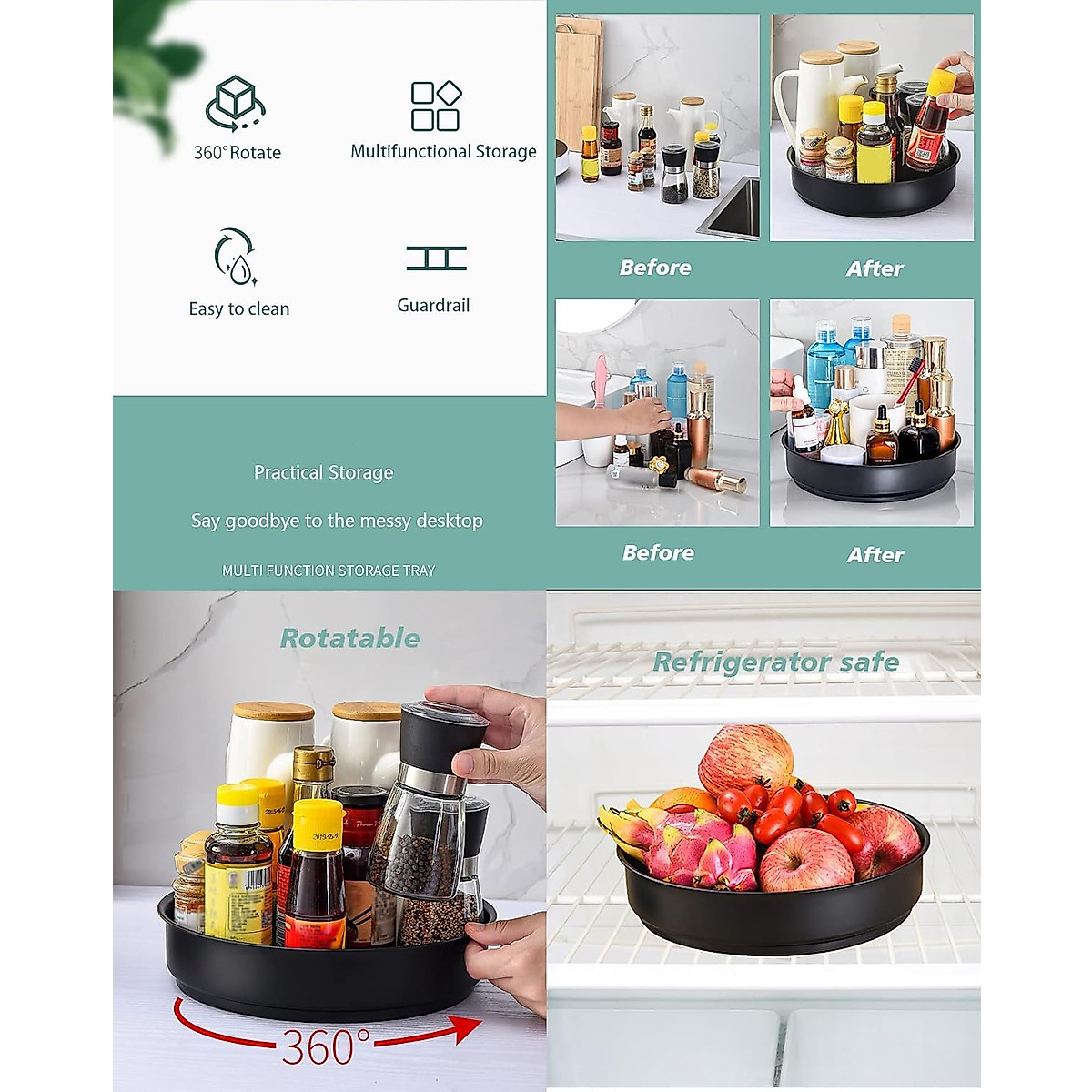 Bwren Lazy Susan Organizer Turntable 360 Degree Rotating Non-Skid Spice Rack Storage Container for Kitchen Cabinet Table Fridge Pantry Seasoning Jar Fruit Snack(Black,7.7 inch) 8 inches BLS002