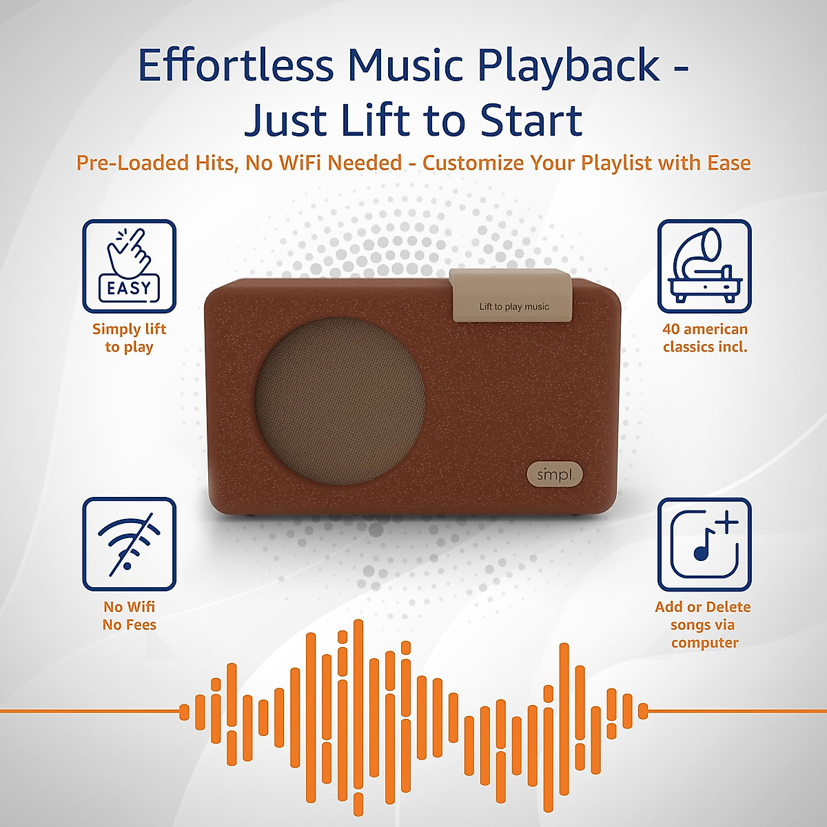 SMPL Music Player with Lifter for Seniors - Audiobooks + MP3 Player Sound, Durable Wooden Enclosure, Retro Look, 4GB USB with 40 Nostalgic Hits - Live Support (Brown)
