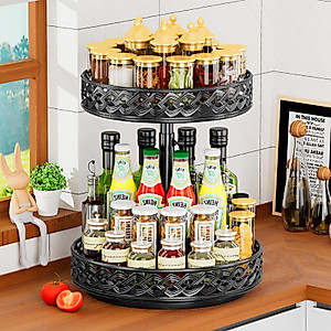 Lazy Susan Organizer Lazy Susan Turntable for Cabinet Table 2 Tier Lazy Susan Spice Rack Organizer 12 Inch Adjustable Height for Kitchen Dining Table Bathroom Vanity with Non-Slip Pad Black Metal