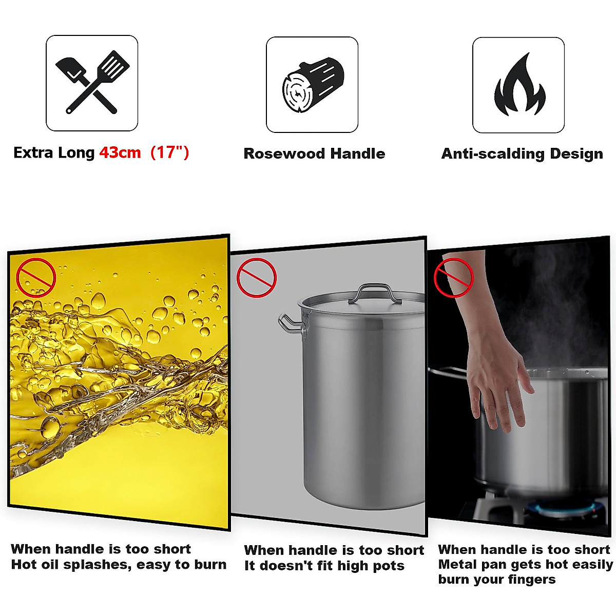 NIITAWH Wok Utensils for Carbon Steel, Stainless Steel Wok Spatula Metal, 4-Pieces 17 Inch Extra Long, Wok Tools Professional Set, Wooden Handle Skimmer, Soup Ladle, Slotted Turner