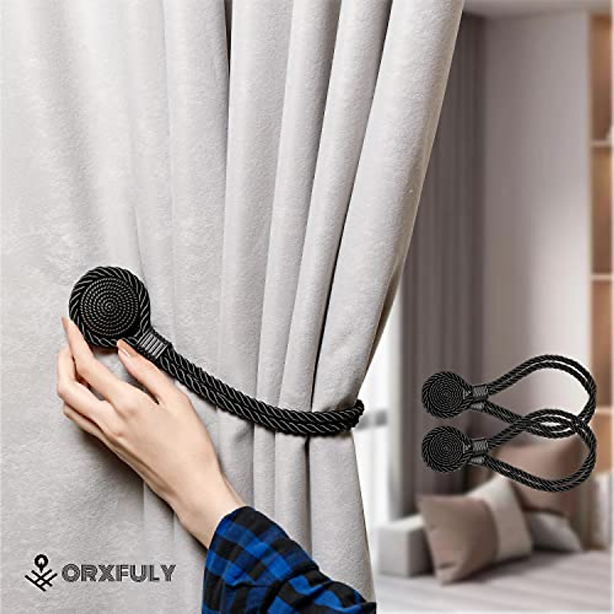 Magnetic Curtain Tiebacks - Modern Unique Upgraded Design 2023 Elegant Twisted Polyester Rope with Strong Magnets Decorative Holdbacks for Window Drapes & Curtains ORXFULY (Black, 2) (ck-041)