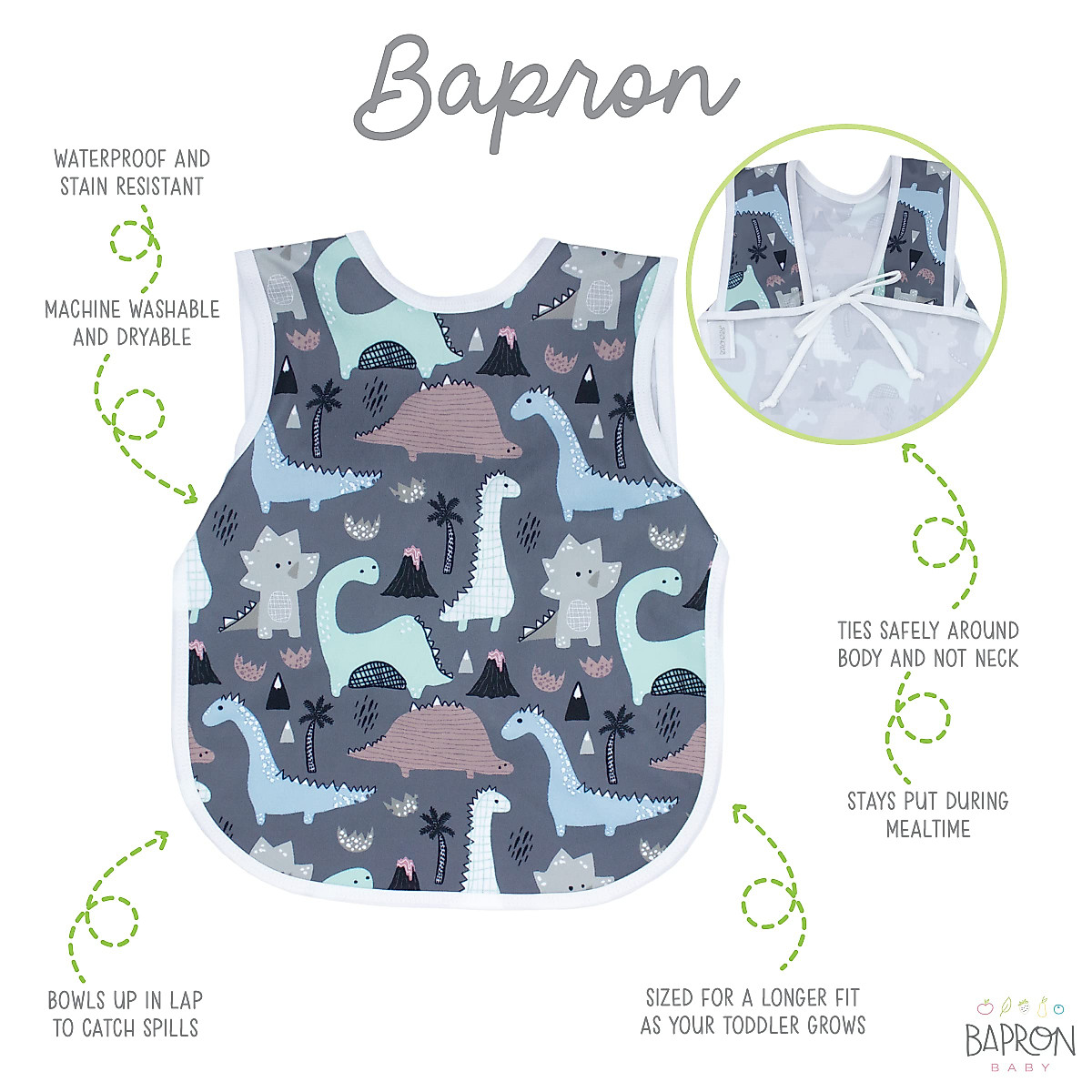 BapronBaby Dinosaur Drawing Bapron - No Neck Tie Safer Bib for Baby & Toddler - Soft Waterproof Stain Resistant - Machine Washable - Sz Preschool 3-5yrs