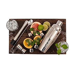 Cocktail Mixology Shaker Set - Bartender Kit with an Elegant Bamboo Stand - Bar Accessories Kit Including a Martini Shaker, Bar Jigger, Syrup Dispenser & Mixer Recipe Book