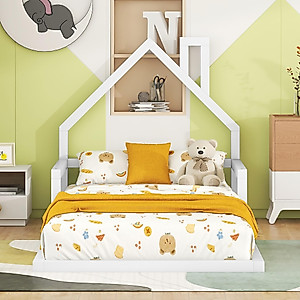Floor Bed for Kids, Twin Size Montessori Bed with House Shape Headboard and Railings, Wood House Bed with Slats for Boys Girls, Low to Ground Height, No Box Spring Needed, White
