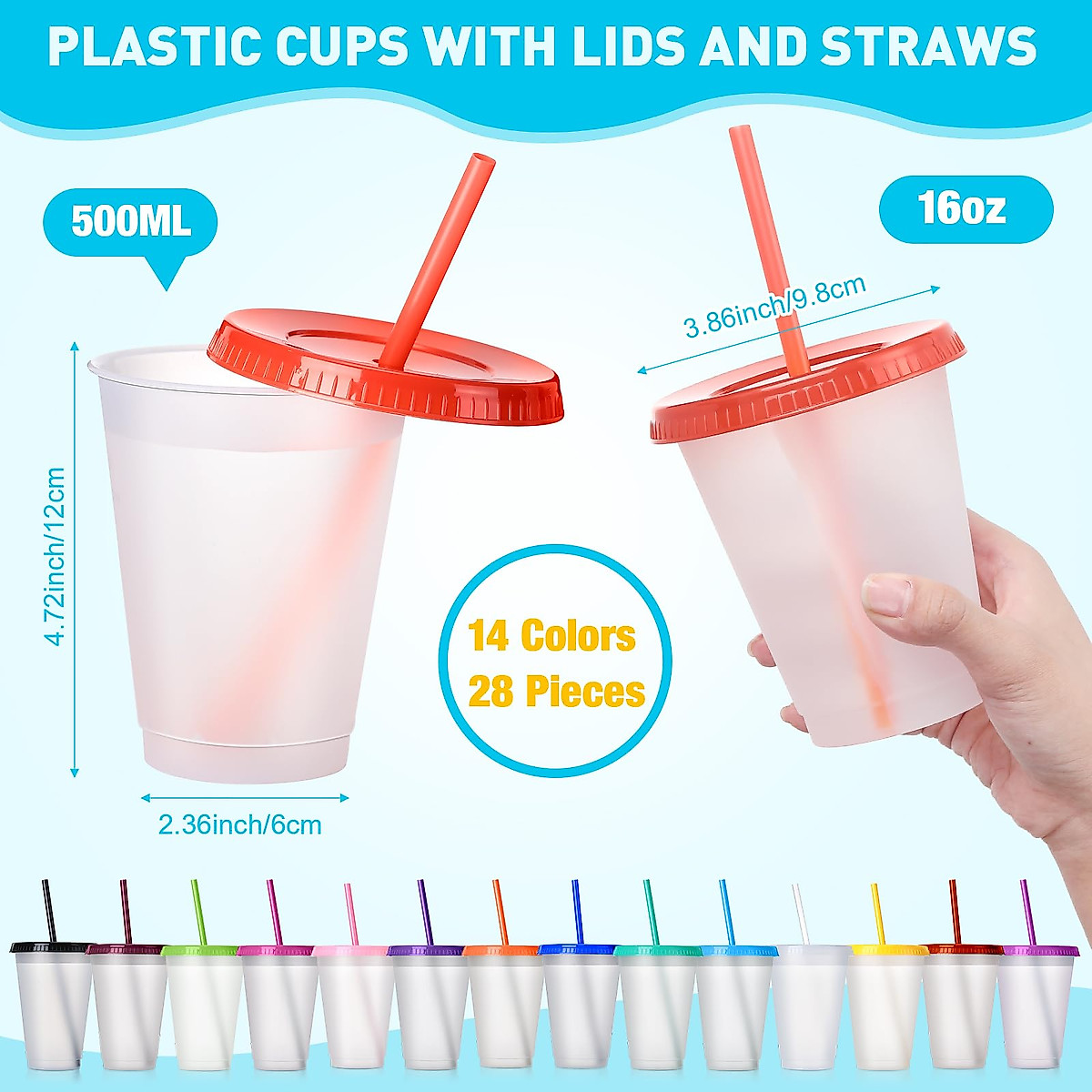 Hsei Clear Plastic Tumbler with Straw and Lid Bulk Water Bottle Iced Coffee Travel Mug Cup with Lid and Straw Reusable Plastic Cups for Kids Christmas Water Smoothie Party Birthday (28 Pack,16 oz)