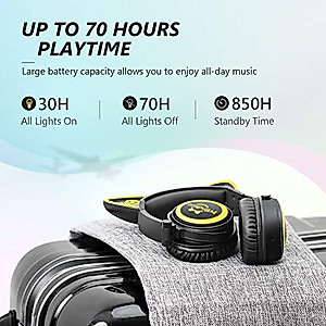 Mindkoo Wireless Headphones Bluetooth, Cat Ear Over Ear Headphones, LED Light Up 7 Color Blinking, Safe Foldable Headset Stero, with Microphone, for Kids Adults