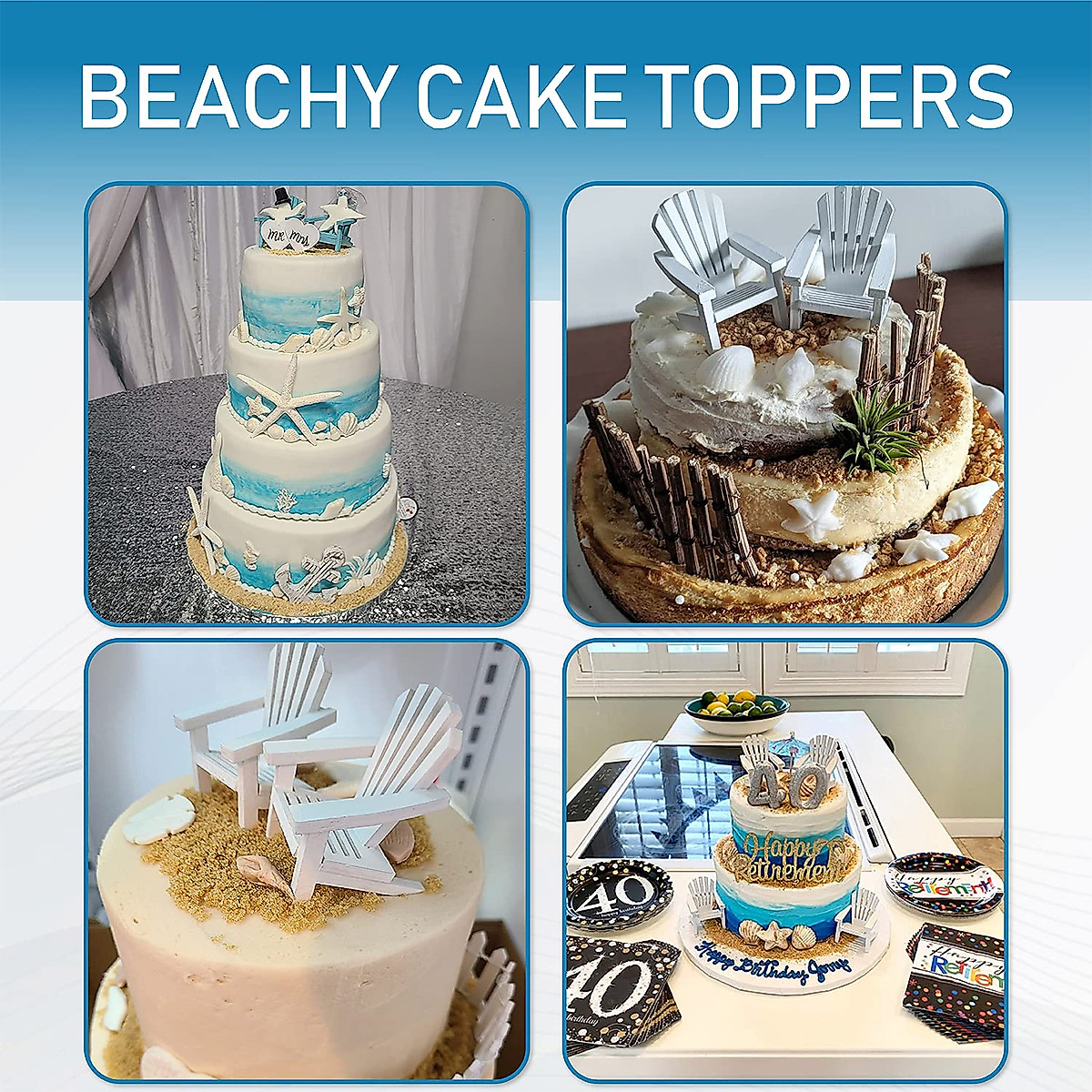 Wood Adirondack Miniature Chair - Wedding Cake Topper Mini Doll Furniture Top Decoration Favor Beach Theme, Great for Dollhouse (White, 4 Pack)