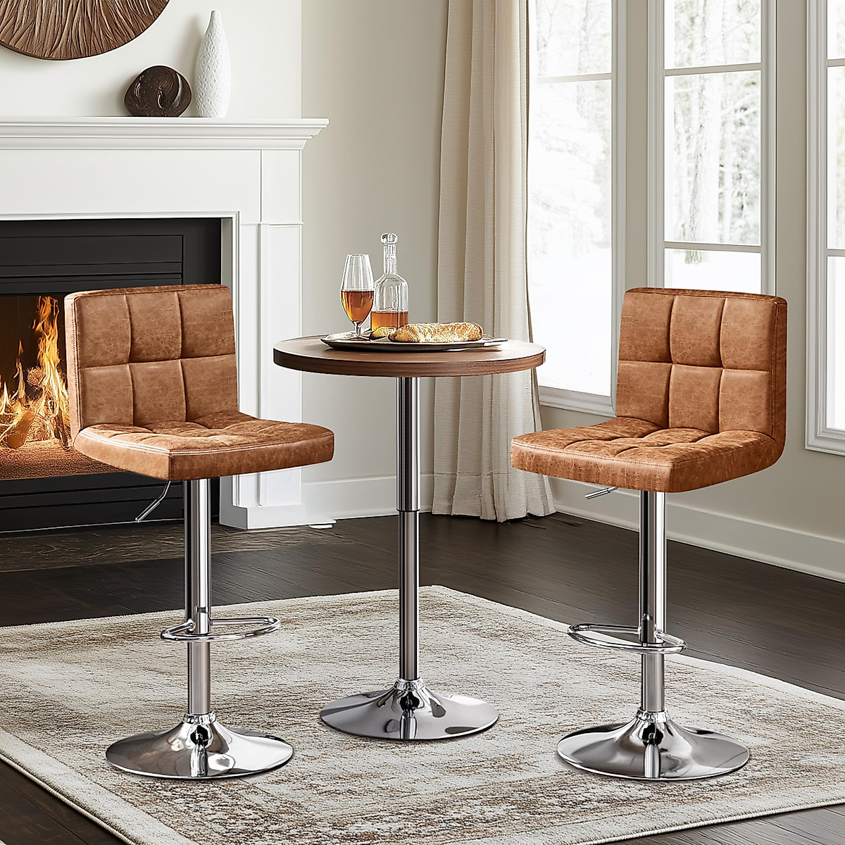 Yaheetech Bar Stools Set of 2, PU Leather Swivel Barstools, Height Adjustable Counter Chairs, Modern Stools with Back for Bar Kitchen Island Dining Room, Retro Brown