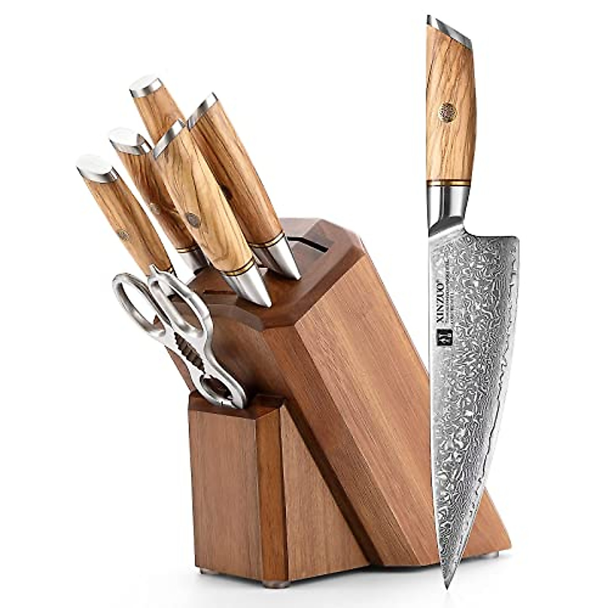 XINZUO 8-Piece Damascus kitchen Knife Set with Block& Kitchen Scissors, Hand Forged 73 Layer Damascus Powder Steel Professional Chef Knife Sets, Olive Wood Handle, Gift Box